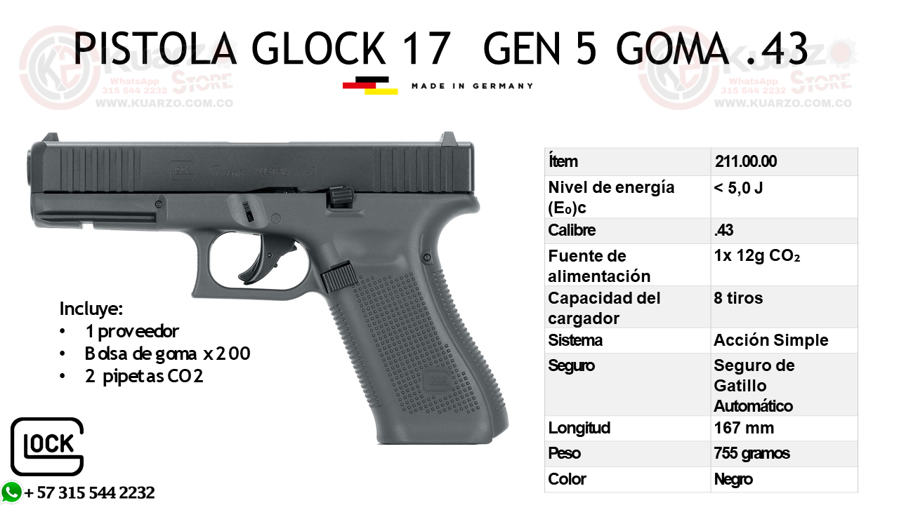 PISTOLA GLOCK 17 GEN 5 GOMA .43 » Kuarzo Store